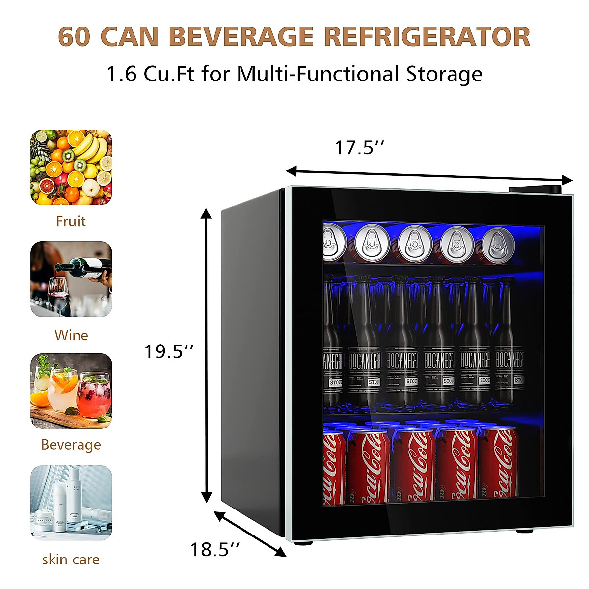 ARLIME Mini Fridge 60 Can, Beverage Refrigerator with Glass Door, Mini Drink Dispenser Machine Small Refrigerator For Office with Adjustable Shelves for Home Kitchen Bar, 1.6 Cu. Ft