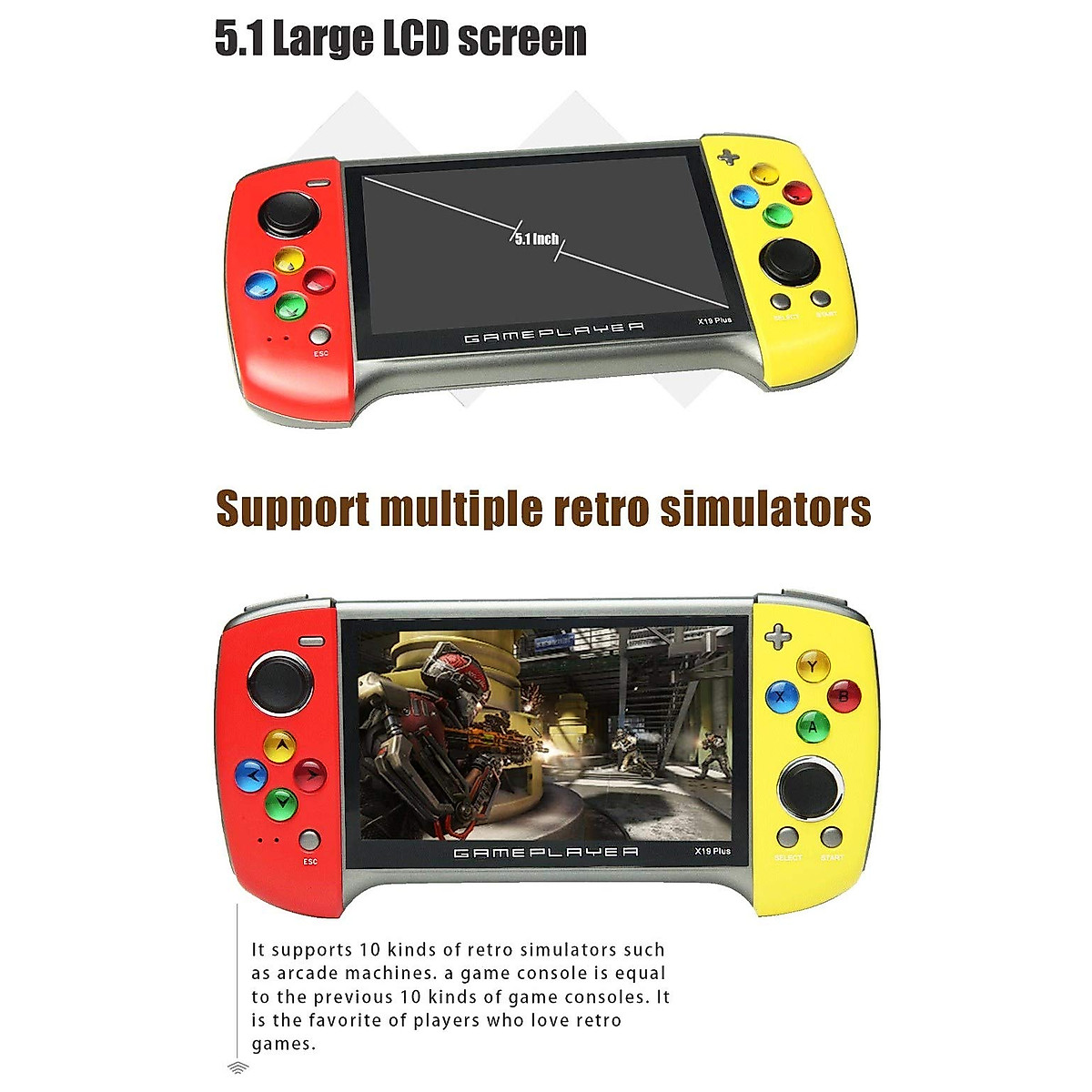 CZT New 5.1-inch Handheld Game Console Built-in 9100 Games Multiple simulators Game can be archived mp3/mp4 DV/DC E-Book Recorder Rechargeable Lithium Battery (Yellowred)
