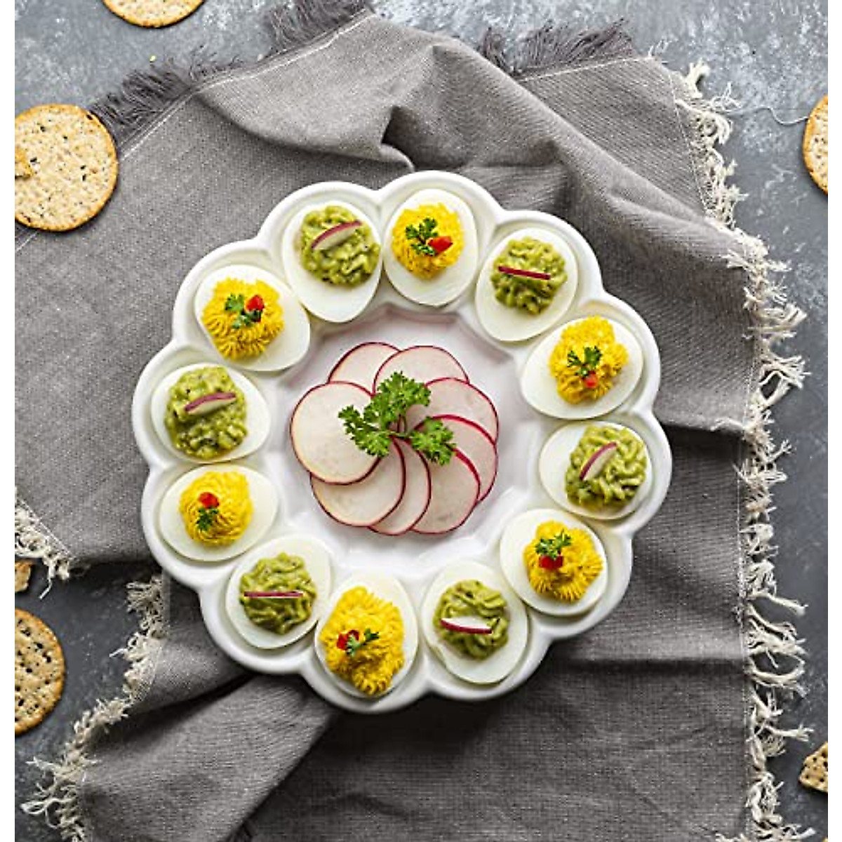 Kook Deviled Egg Platter Tray, Holds 12 Eggs, Sleek Ceramic Dish, Display Holder, Dishwasher Safe, Microwave Safe, Freezer Safe, 10 Inch Diameter, White