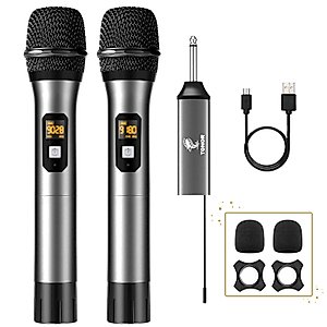 TONOR Wireless Microphone, UHF Dual Cordless Metal Dynamic Mic System with Rechargeable Receiver, for Karaoke Singing, Wedding, DJ, Party, Speech, Church, Class Use, 200ft (TW630), Gray