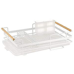 mDesign Modern Metal Kitchen Dish Drainer Drying Rack with Plastic Cutlery Tray, Drainboard, and Natural Wood Handles - Drip Drain Storage for Sink or Countertop - Matte White/Frost