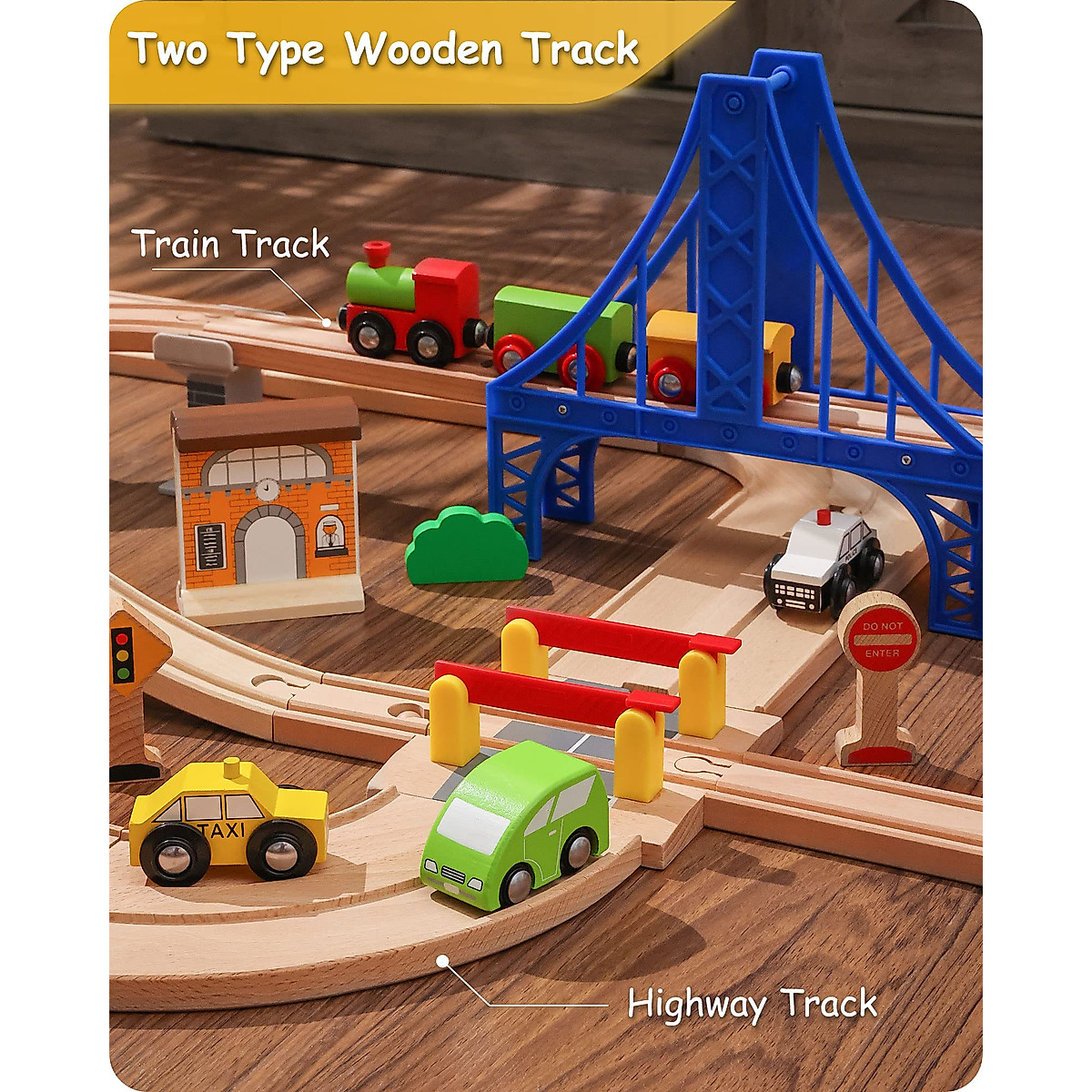 SainSmart Jr. Wooden Train Set 60pcs for Toddlers, Wood Highway and Train Track with More Cars Fits Brio, Thomas, Melissa and Doug for 3 4 5 Years Old Boys and Girls