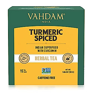 VAHDAM, USDA Organic Turmeric Spice Herbal Tea Bags (15 Count) Non GMO, Gluten Free | Herbal Blend Of Turmeric, Black Pepper, Cinnamon, Bergamot Flavor, Ginger, Cardamom, Lemongrass | Brew As Hot/Iced
