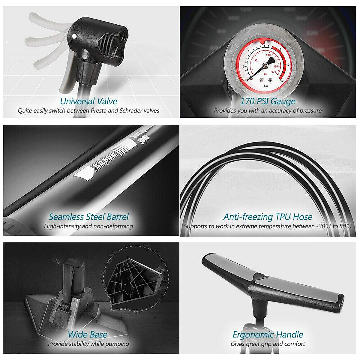 Bicycle Floor Air Pump with 170PSI Gauge High Pressure Bike Tire S8V0