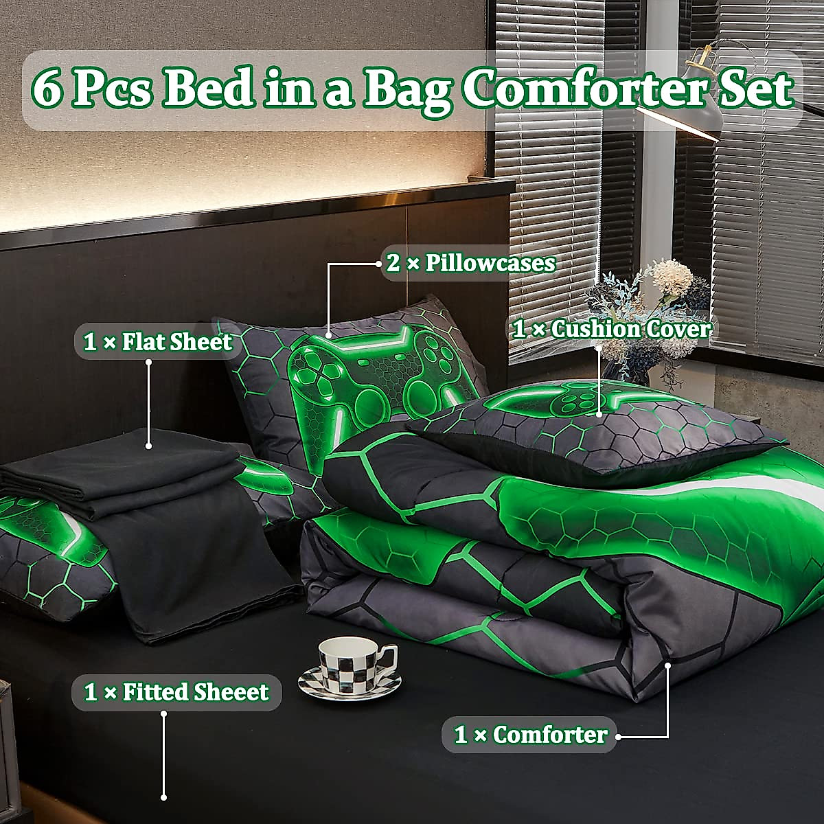 Tasselily Game Console Twin Comforter Set for Boys Girls, Green Honeycomb Gaming 6 Piece Bed in A Bag Teen Kids Bedding Sets with sheets
