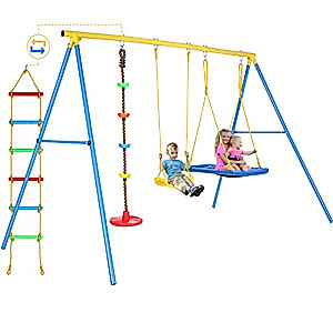 Plohee Swing Sets for Backyard, 550lbs Heavy-Duty Kid Swing Set with Two Swing Seats, Climbing Rope, Climbing Ladder for Outdoor Playground Ages 3-9 (Yellow&Blue)