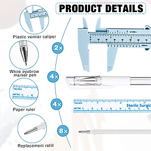 Ctosree 10 Pcs Eyebrow Tools 2 Pcs Eyebrow Measuring Ruler 4 Pcs Microblading White Marker Pen with Replacement Refills 4 Paper Ruler Brow Mapping Skin Mark for Eyebrow Permanent Makeup Position Tools