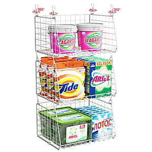 3-Tier Hanging Laundry Basket Organizer：Foldable Wire Shelf Laundry Room Organizer with 360°Rotating Hooks Space Saving Over Washer and Dryer Shelves - Metal laundry organization and storage, white