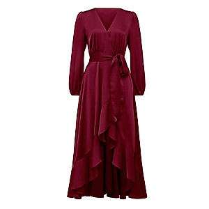 PRETTYGARDEN Women's Satin Fall Dress Semi Formal Satin Long Sleeve Wrap V Neck Ruffle Belted A-Line Flowy Maxi Dresses (Wine Red,Small)