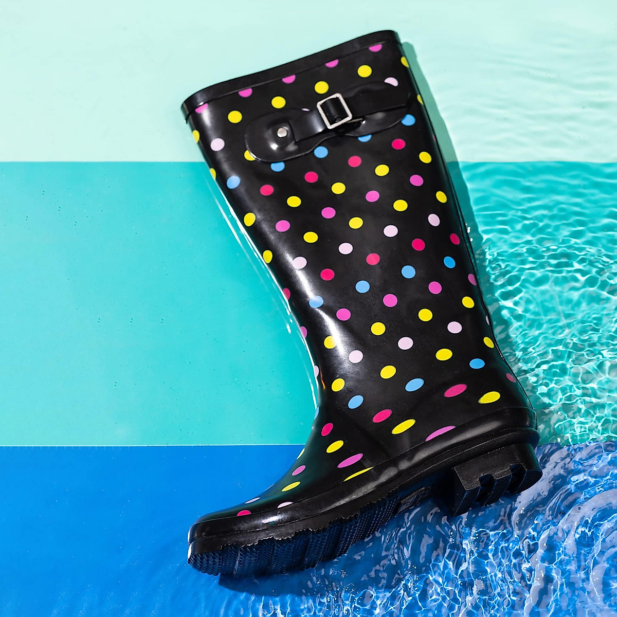 NORTY Women's Hurricane Rain Boots Knee High Calf Length - Glossy Matte Waterproof Rubber Tall Shoes - Multi Color Dot Size 9