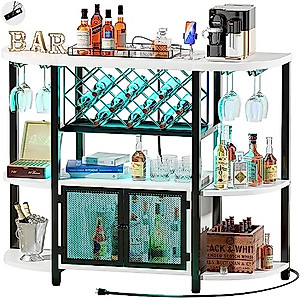 Unikito Bar Table with Double LED Lights and Power Outlet, Freestanding Wine Rack Table with Glass Holder, Home Mini Bar with Storage, Bar Cabinet for Liquor and Glasses for Kitchen Dining Room, White