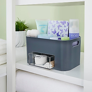 STORi Bliss 4-Compartment Plastic Vanity Organizer with Small Accessory Drawer in Grey | Rectangular Makeup, Skincare, & Cosmetic Storage Bin with Pass-Through Handles | Made in USA