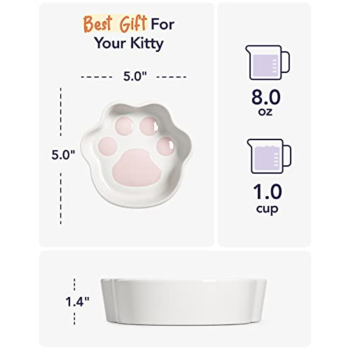 LE TAUCI Cat Food Bowl Ceramic, 8 Oz Small Shallow Cat Food Dishes for Indoor Cats, Cat Water Bowl, Relief Whisker Fatigue Cat Bowls, Cute Paw Shaped Kitten Bowls, Cat Plates, Small Animal Food Bowl
