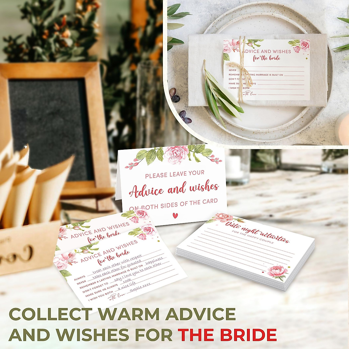 STOFINITY Marriage Advice For The Bride Cards - 50 Pcs Wedding Advice And Wishes Cards For Floral Bridal Shower Decorations, Advice Cards For Bridal Shower Party Decor
