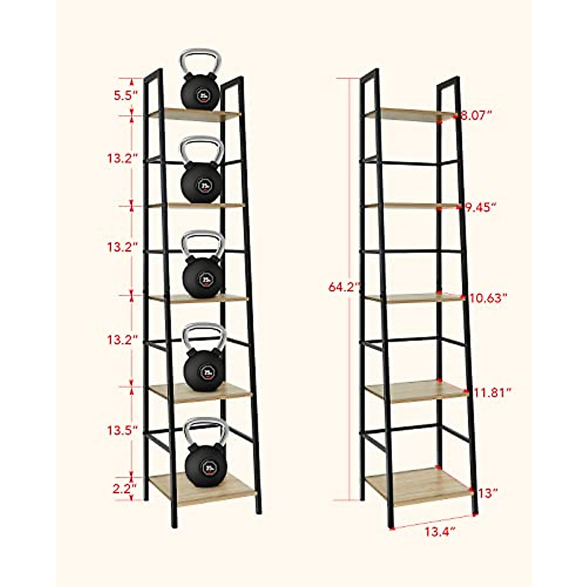 Pshelfy Bookshelf, 5-Tier Narrow Ladder Shelf Bookcase with Metal Frame, Freestanding Corner Rack Shelves for Small Spaces Display Storage Organizer Tall Skinny Shelf for Bedroom Living Room Kitchen