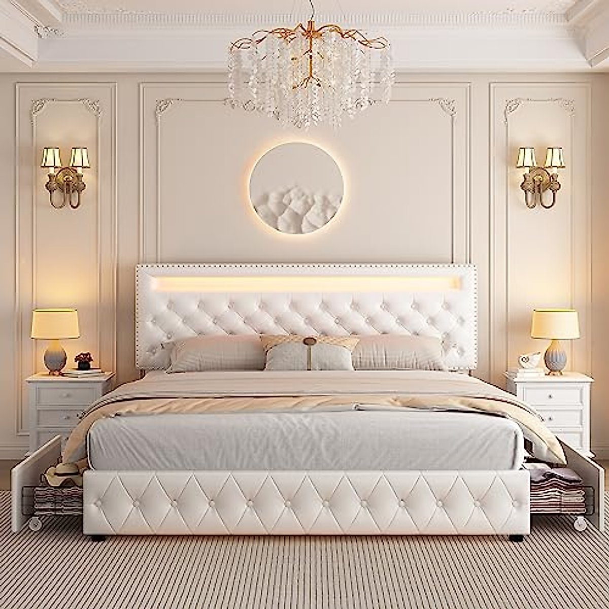 Queen Led Bed Frame with 4 Storage Drawers, with Smart Control RGBW LED Lights Headboard Footboard, Control DIY Color, Box Spring Optional, PU White