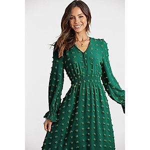 MASCOMODA Women Boho Maxi Dress 2024 Long Sleeve V Neck Swiss Dot Smocked High Waisted A-Line Ruffle Tiered Long Dress(X-Large, Dark Green)