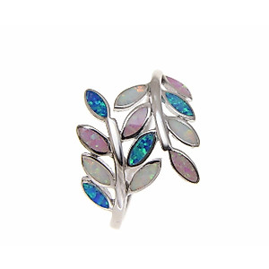 Arthur's Jewelry Blue white pink tricolor inlay synthetic opal ring Hawaiian maile leaf 925 sterling silver size 10