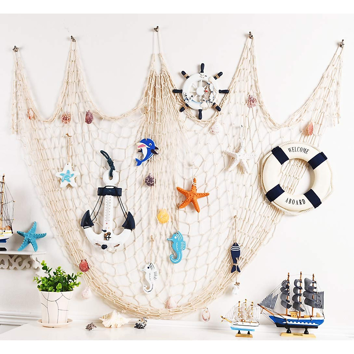 OJYUDD Fishing Net Decor, Fishnet Decor, Mediterranean Style Photographing Decoration, Natural Fish Net, Fish Net Party Accessory and Wall Table Decor (Creamy White)