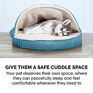 Furhaven 35" Round Cooling Gel Dog Bed for Large/Medium Dogs w/ Removable Washable Cover, For Dogs Up to 50 lbs - Sherpa & Suede Snuggery - Blue, 35-inch