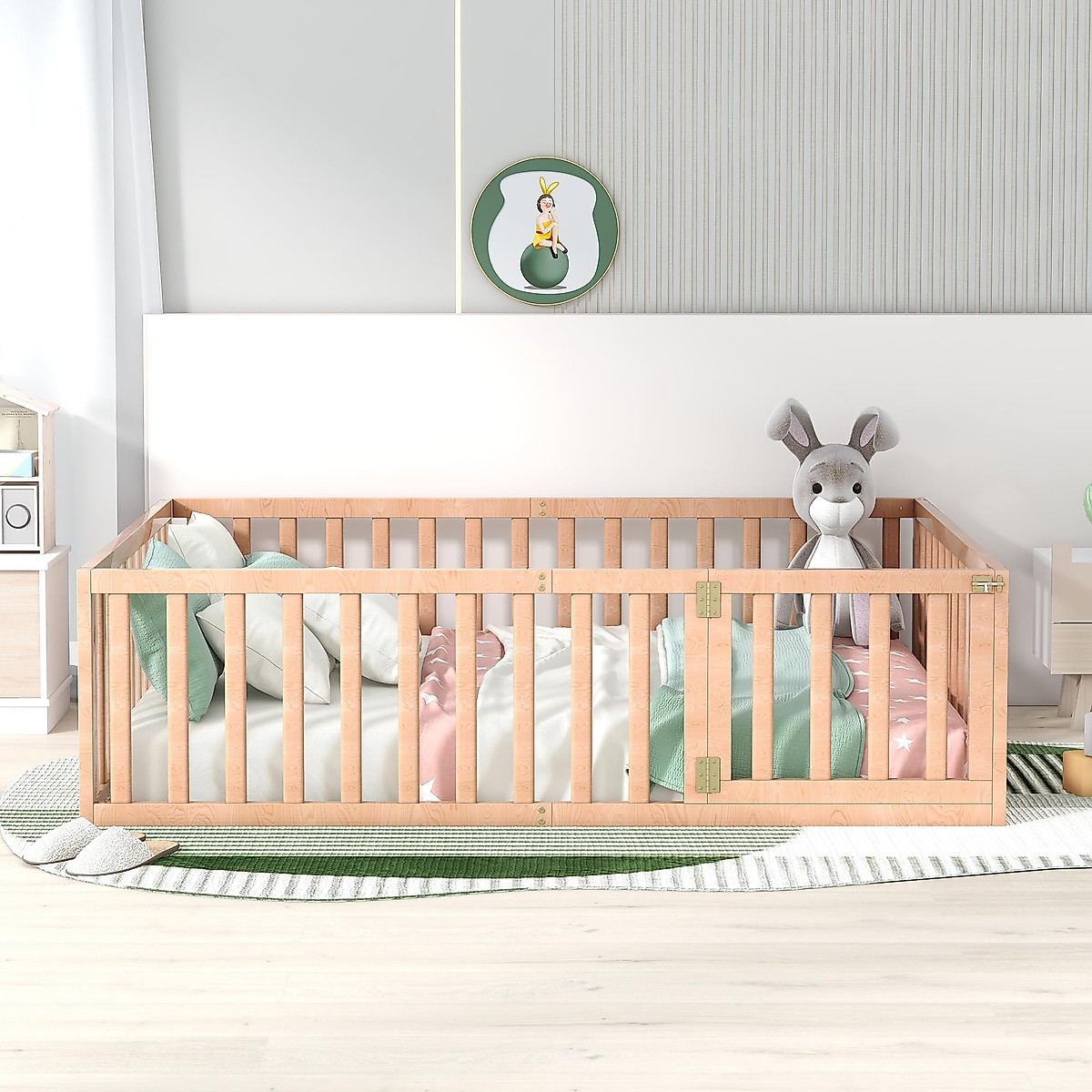 Harper & Bright Designs Floor Bed with Rails, Full Size Wood Floor Bed Frame with Fence and Door, for Kids Girls Boys (Natural)