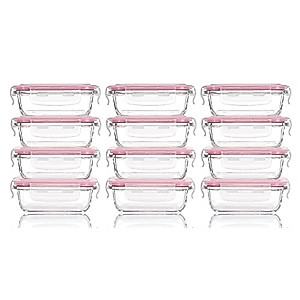 M MCIRCO [12-Pack, 6.3oz] Glass Food Storage Containers with Lids - Small Glass Jars for Snacks, Dips, Sauces - Freezer, Microwave, Dishwasher Friendly - Pink
