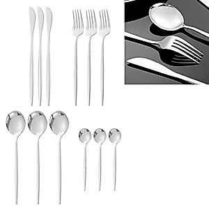 12pcs Tableware Set, 410 Stainless Steel Flatware Set Spoons Knives Forks with Comfortable Long Handle, Elegant Minimalist Appearance Cutlery Set for Picnics Camping Travel (silver)