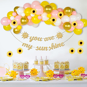 Sunflower Balloon Garland Arch Kit Pink Yellow, You Are My Sunshine Banner Party Decorations, Artificial Sunflower for Girls Birthday Party, Baby Shower, Wedding, Graduation, Anniversary