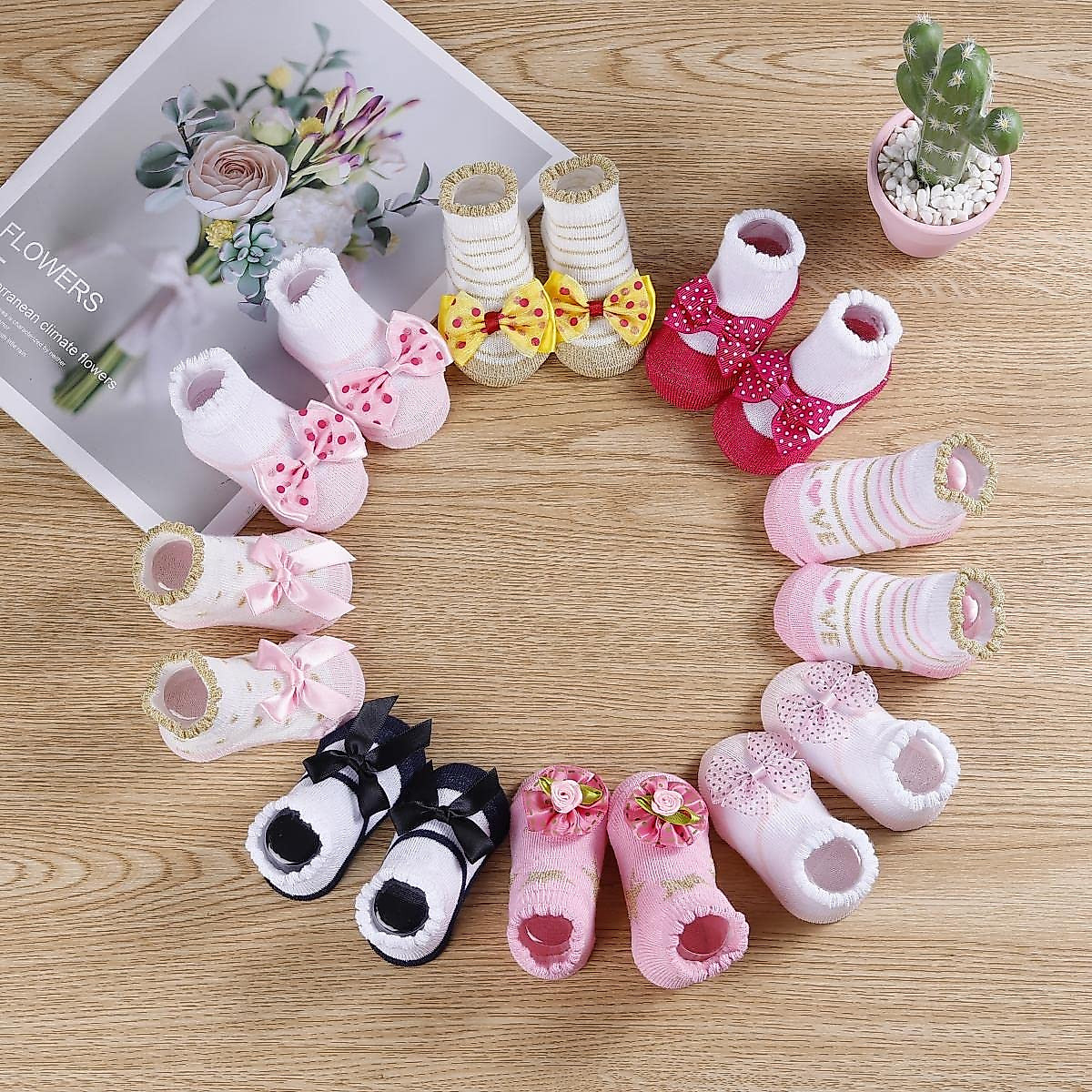 BOMAIS 20 Packs Newborn Baby Girls Socks, 0-24 Months Bow Pattern, (12-24 Months, SET1)