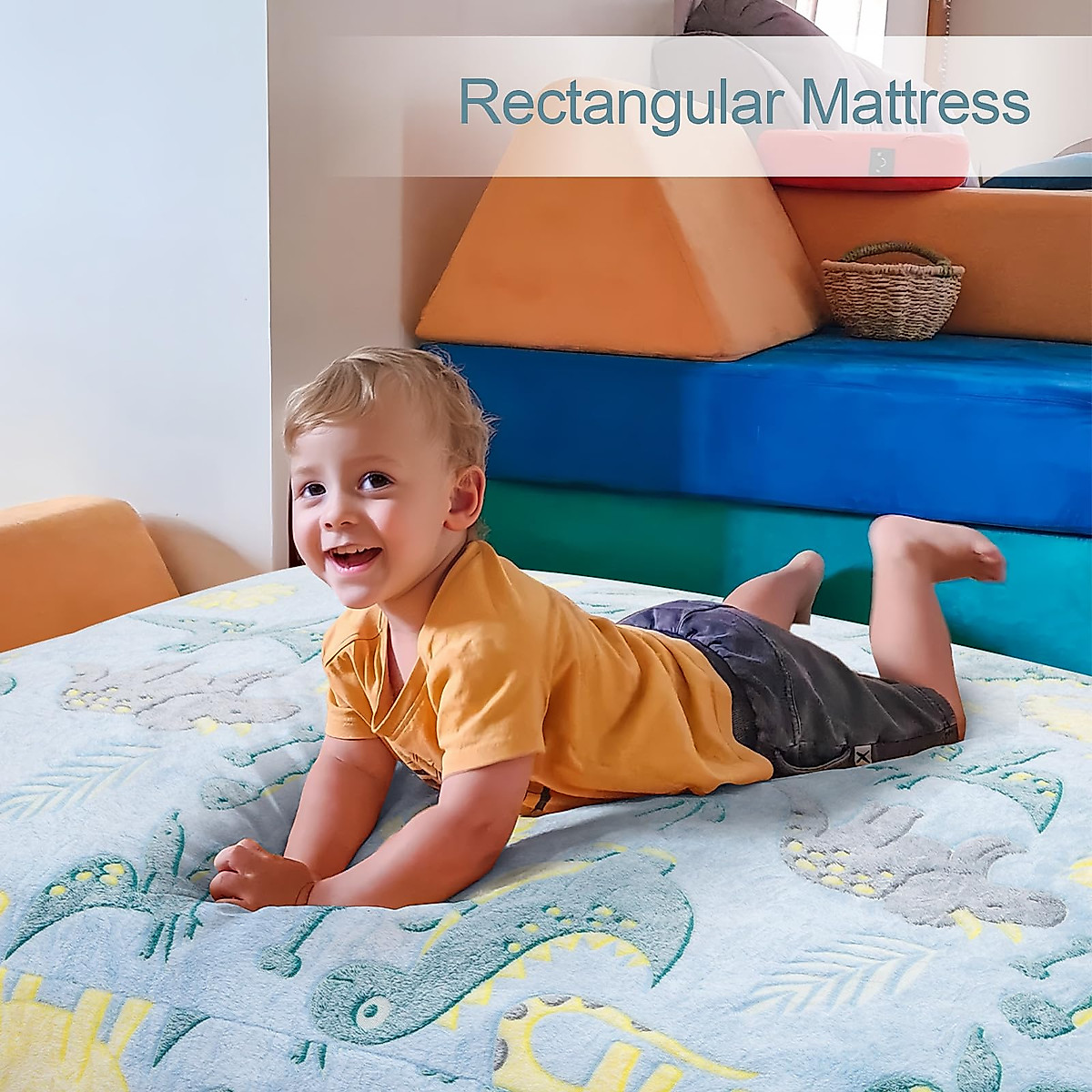 Kids Bean Bag Chair Turn into Beanbag Bed, Dinosaur Toddler Bean Chair for Girl Boy Sleeping, Lazy Children Sofa Couch with Filler, Convertible Child Floor Mattress, Blue Dino