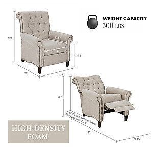 Madison Park Aidan Recliner Chair - Solid Wood, Plywood, Roled Back Button Tufted Accent Armchair Modern Classic Style Family Room Sofa Furniture, Cream