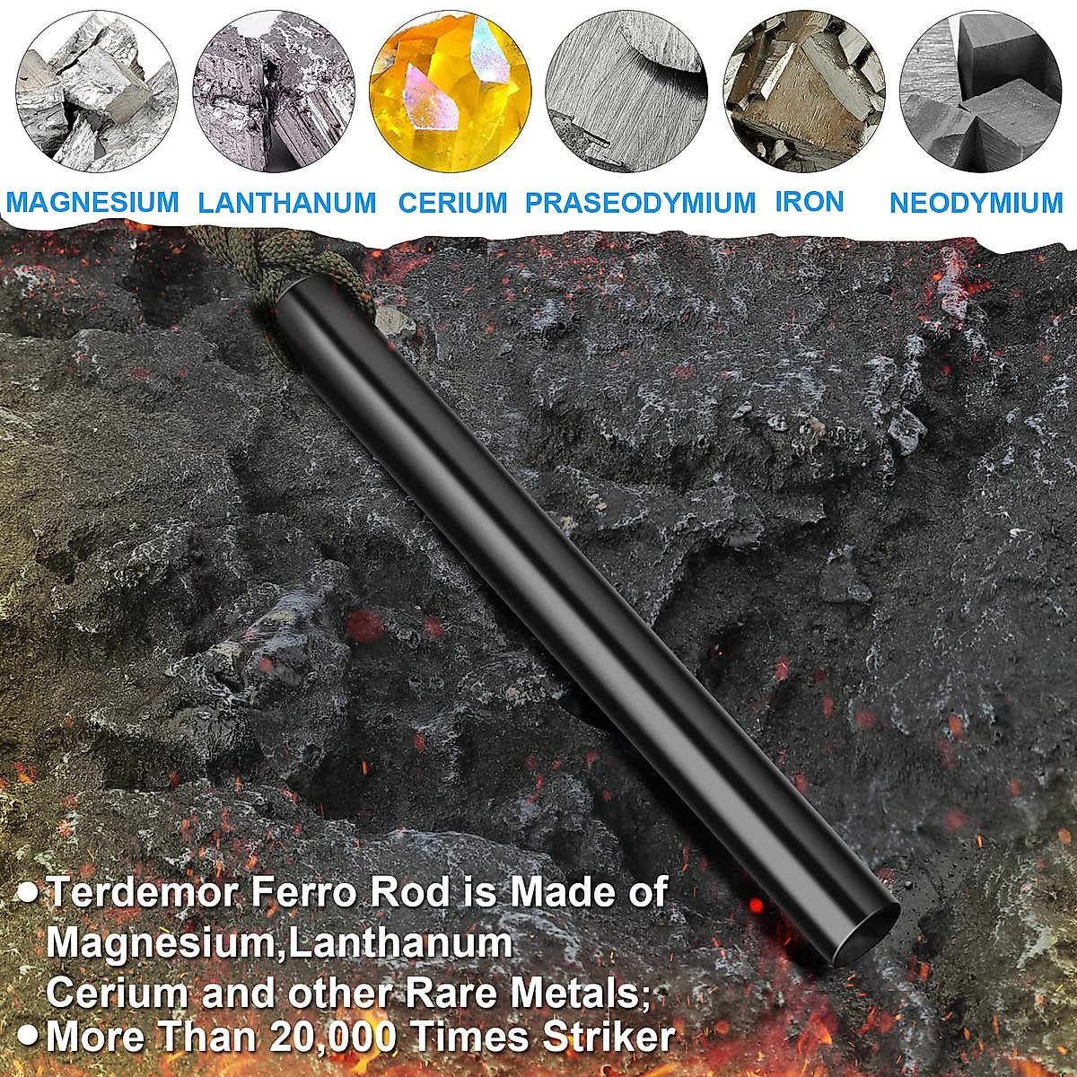 Ferro Rod Fire Starter Kit with 5 Inch Flint and Steel, Two 12 Inch Wax-Impregnated Tinders, 50 Inch 7-Core Paracord for Camping, Hiking, Boy Scouts, and Emergency Preparedness