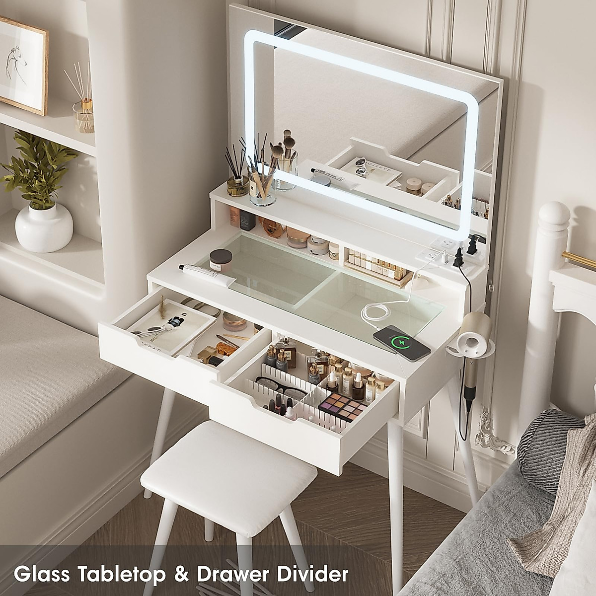 Vabches White Vanity Desk with Led Mirror&Charging Station,Glass Tabletop Vanity Table Set with Stool,Small Makeup Vanity with Drawers for Bedroom