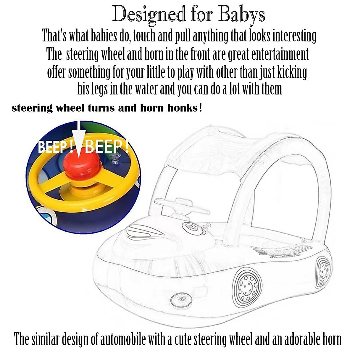 QIAONIUNIU Baby Pool Float with Canopy Summer Steering Wheel Sunshade Swim Ring Car Inflatable Toys Infants Float Seat Boat for Kids Toddlers