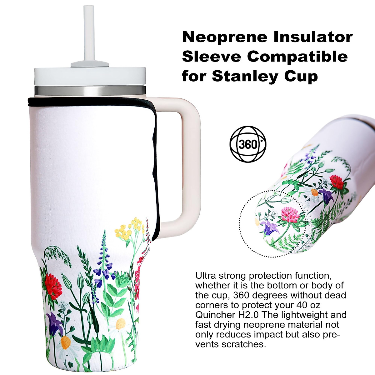 Neoprene Insulator Sleeve Compatible for Stanley 40 oz Tumbler with Handle, Stanley Quencher H2.0 FlowState,British Garden