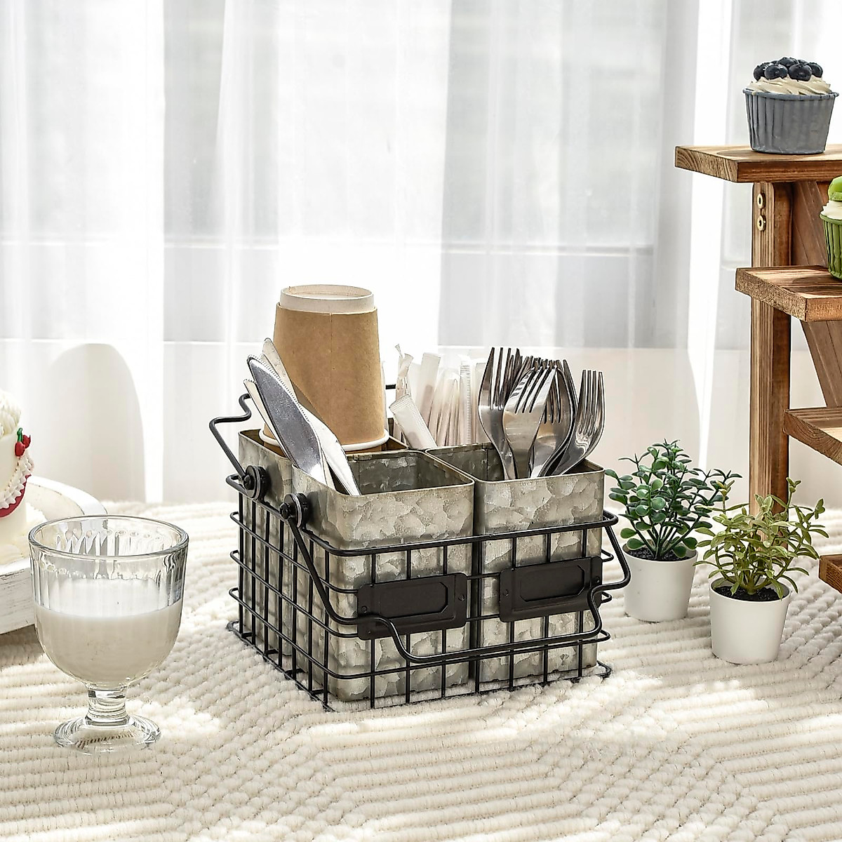 EMAX HOME Galvanized Utensil Caddy,Galvanized utensil holder,Flatware Cutlery Caddy Countertop Silverware Holder,vintage 4 Compartment Flatware Caddy With Handle Perfect