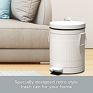 Retro Trash Can with Lid - 12L/3.2 Gal Step Trash Can w/ Soft Closing Lid - Round Garbage Can w/ Handles - Touchless Trash Can w/ Removable Garbage Guard Bucket - Outdoor Garbage Bin - Large Trash Can, White
