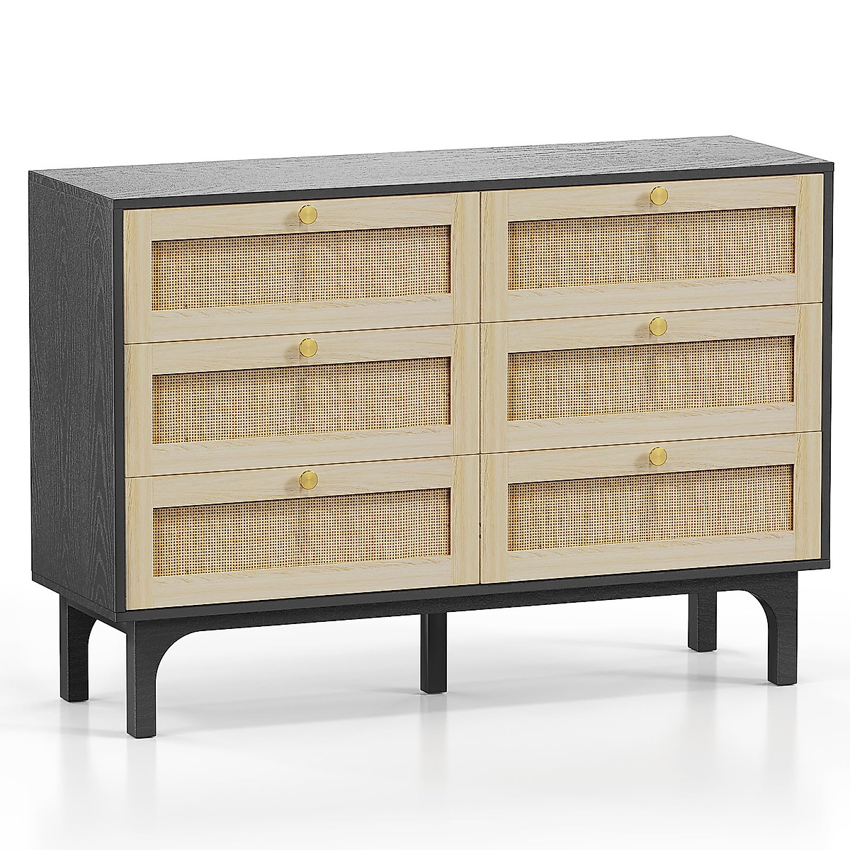 VINGLI Rattan Dresser Mid Century Modern Dresser 6 Drawers, 47.2" (W) x 15.7" (D) x 33.5" (H) Boho Bedroom Furniture Black Wicker Dresser Bohemian