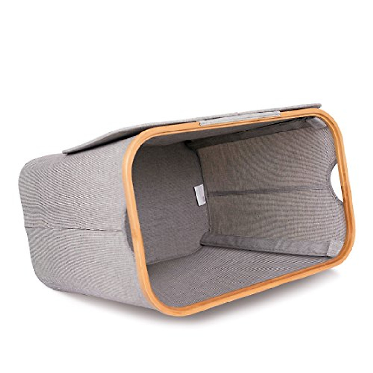 BIRDROCK HOME Bamboo & Canvas Hamper - Single Laundry Basket with Lid - Modern Foldable Hamper - Cut Out Handles - Grey Narrow Design - Great for Kids Adults