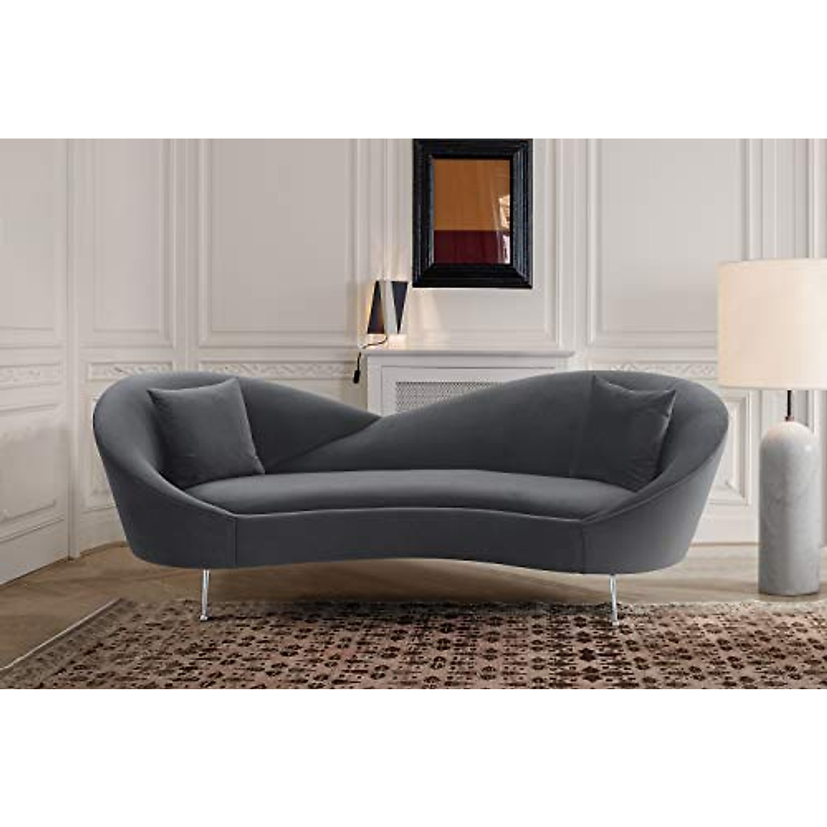 Armen Living Anabella Modern Upholstered Sofa, Gray Fabric with Silver Legs