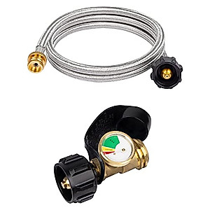 GASPRO 5 Feet Propane Adapter Hose 1lb to 20lb, Comes with A Propane Tank Gauge Level Indicator, Fit for Propane Stove, Gas Grill, Griddle, Heater and More