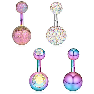 Ruifan 4PCS 14G 6mm 1/4 Inch 316L Surgical Steel Crystal Ferido CZ Short Belly Earring Navel Button Rings Set - Rainbow