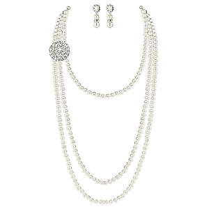 BABEYOND 1920s Gatsby Pearl Necklace Vintage Bridal Pearl Necklace Earrings Jewelry Set Multilayer Imitation Pearl Necklace with Brooch (Style 1)