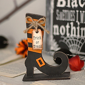 SY Super Bang 5pcs Halloween Wooden Decorations, Halloween Tabletop Centerpiece Craft Decor Including Witch/Ghost/Shoes Decor for Home, Indoor, Holiday, Party Supplies, Kid's Gift.