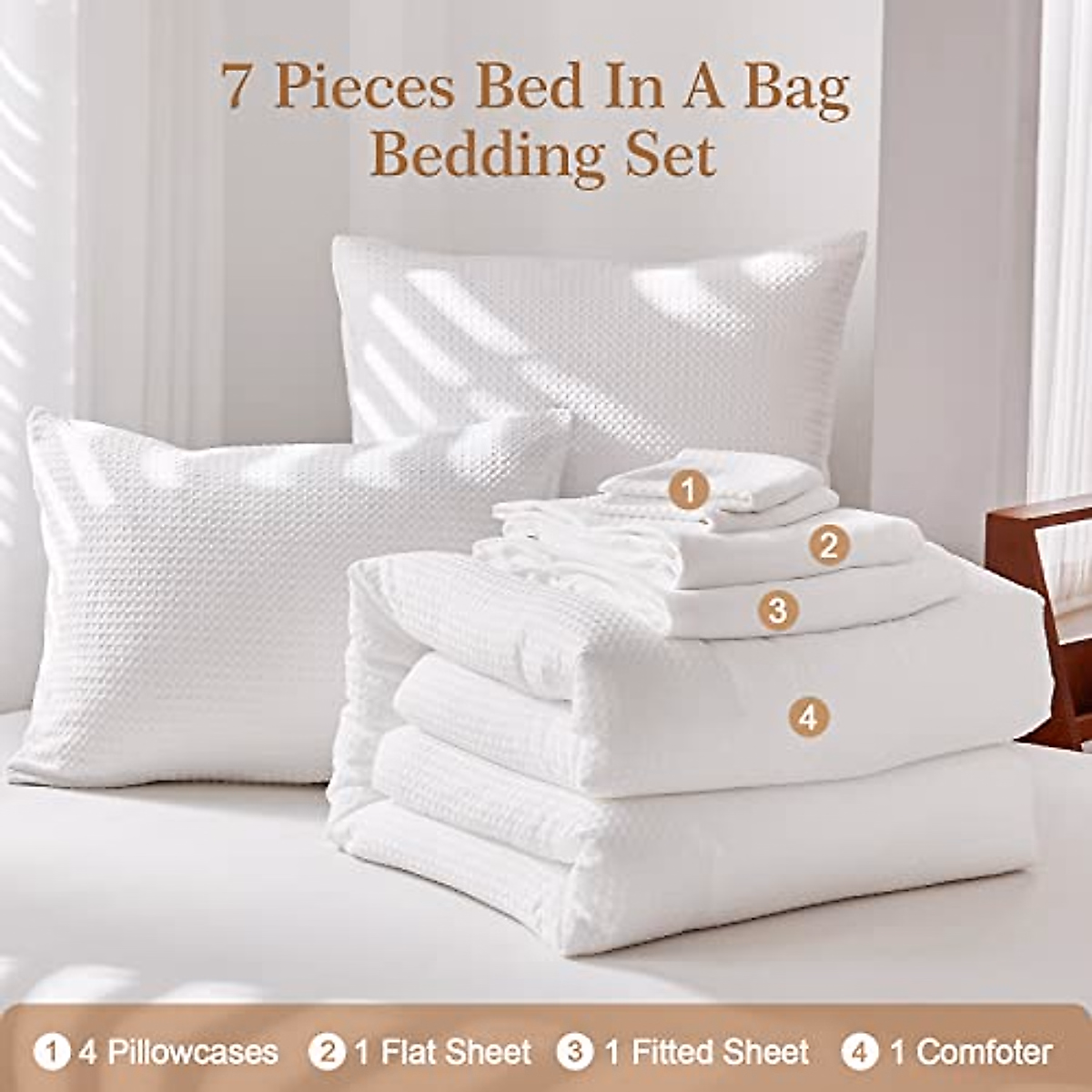 WARMDERN White Comforter Set King Size Waffle Weave Lightweight Bedding Comforter Sets Soft Microfiber Down Alternative Comforter 7 Pieces Bed in A Bag All Season(White, King)