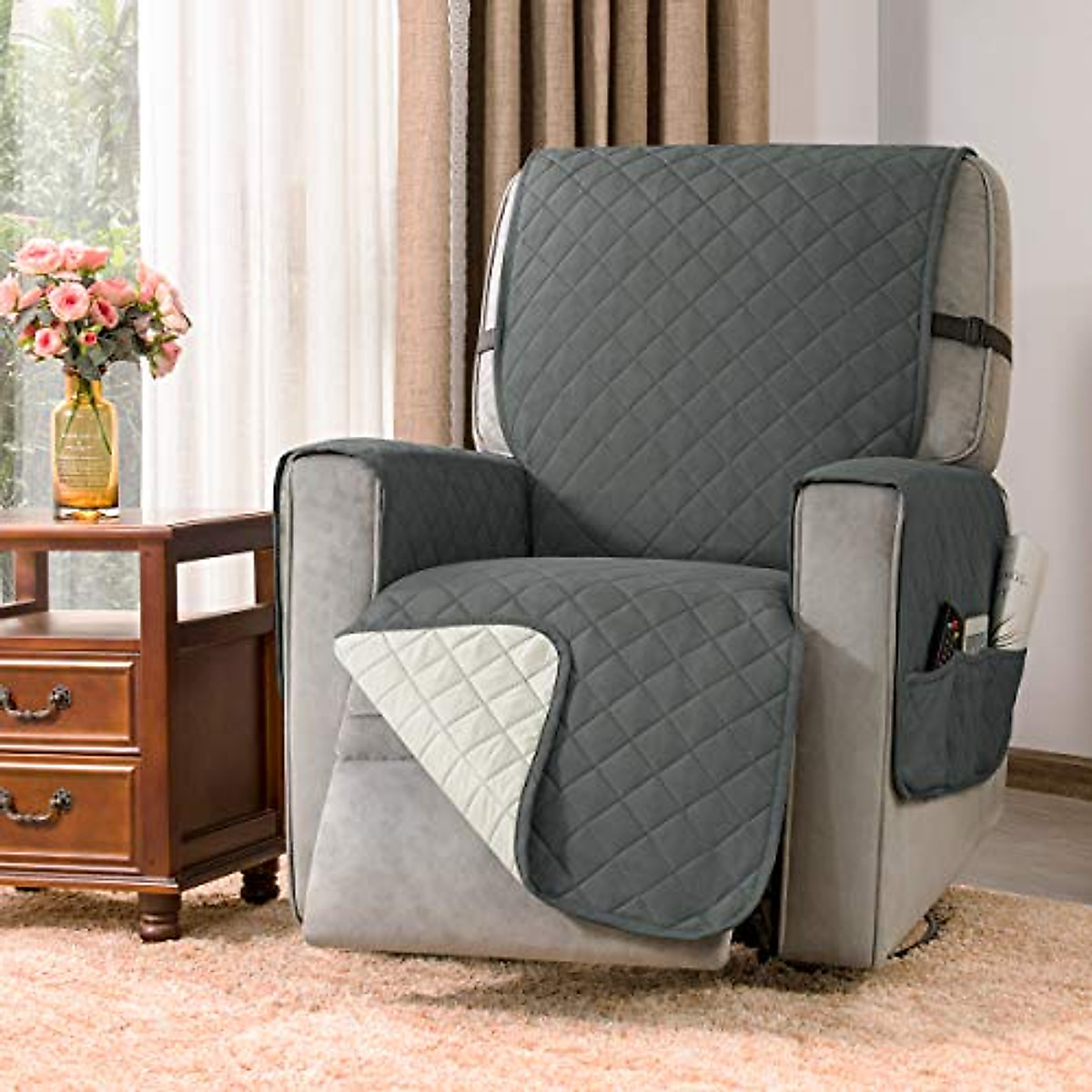 DyFun Recliner Chair Cover Reversible Recliner Cover Slipcover Width to 25" Furniture Protector with Elastic Straps for Living Room Non Slip Washable Cover for Pets Kids Children (Small, Grey)