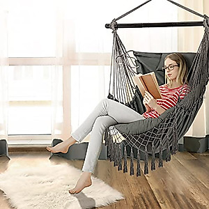Hammock Chair Swing, Hanging Rope Swing with 3 Cushions Pillow and Side Pocket, Max 400 lbs, Large Macrame Hanging Chair for Indoor, Outdoor, Bedroom,Garden, Patio, Porch, Yard