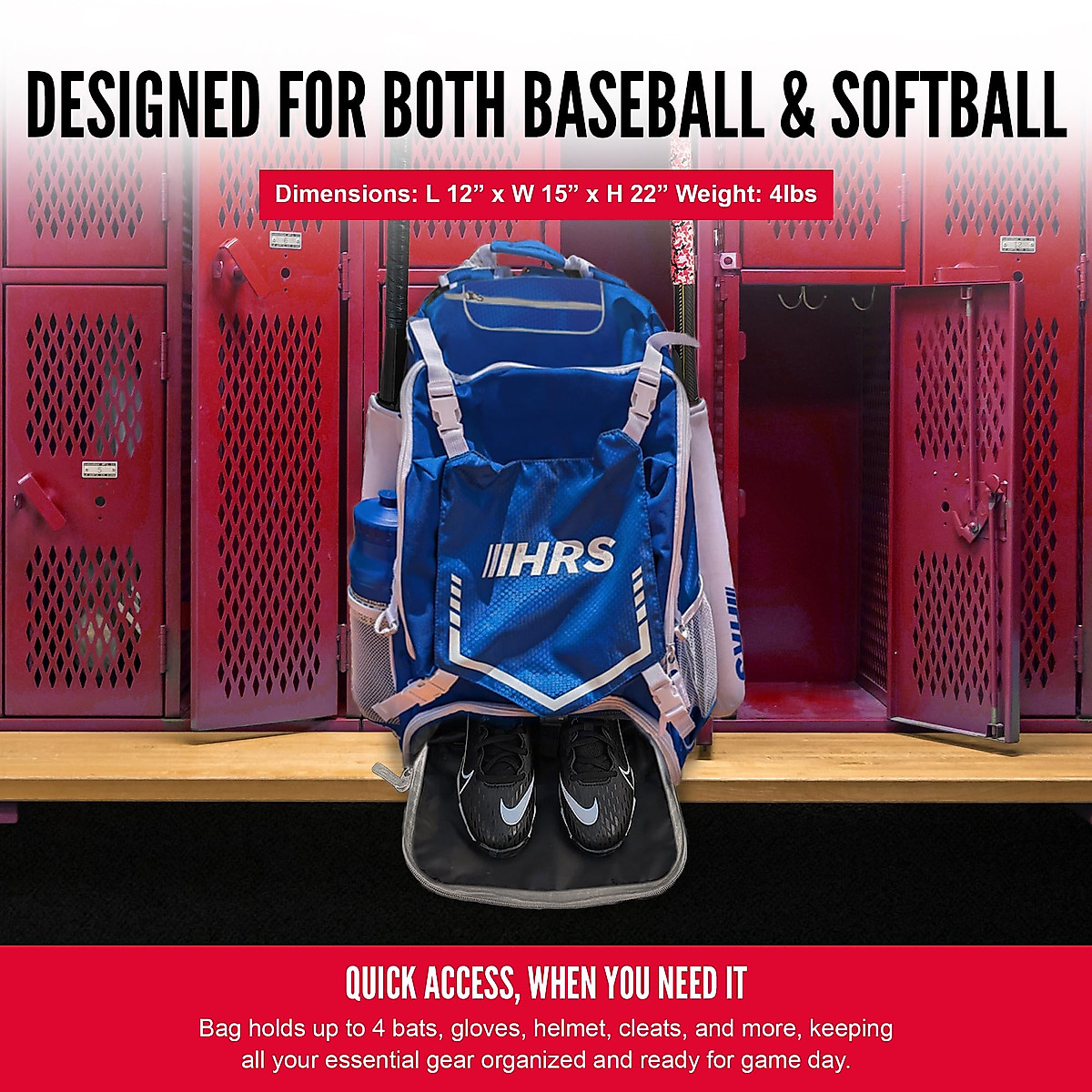 Hit Run Steal Blue Softball Baseball Bag - Holds 4 Bats, Glove, Water Bottle, Shoe Compartment, Helmet, Fence Hook for Equipment & Gear