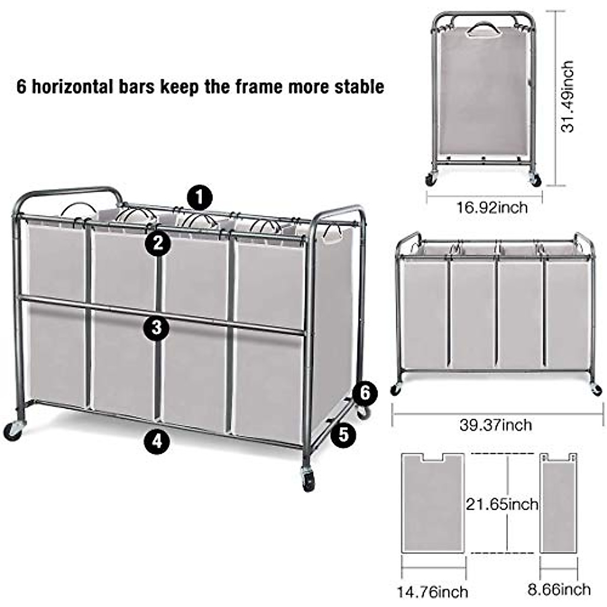 STORAGE MANIAC Laundry Sorter 4 Section, Laundry Hamper with Wheels, Laundry Basket Sorter, Laundry Separator Hamper, Laundry Divider Hamper, 4 Bag Laundry Hamper with Wheels and Removable Bags, Gray