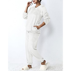 Ekouaer Women Fleece Pajama Sets Long Sleeve Tops and Pants PJ Sets Joggers Plush Loungewear Sleepwear White Large